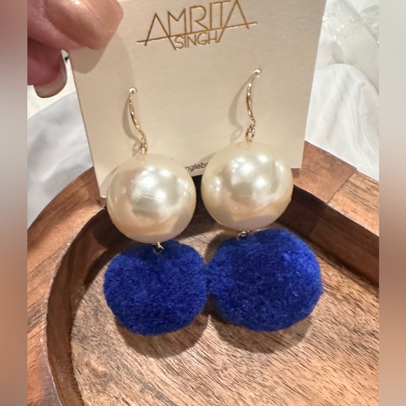 Jewelry | Unique Nwt Amrita Singh Large Pearl And Blue Pompoms Earrings | Poshmark